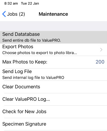 Maintenance Menu – ValuePRO